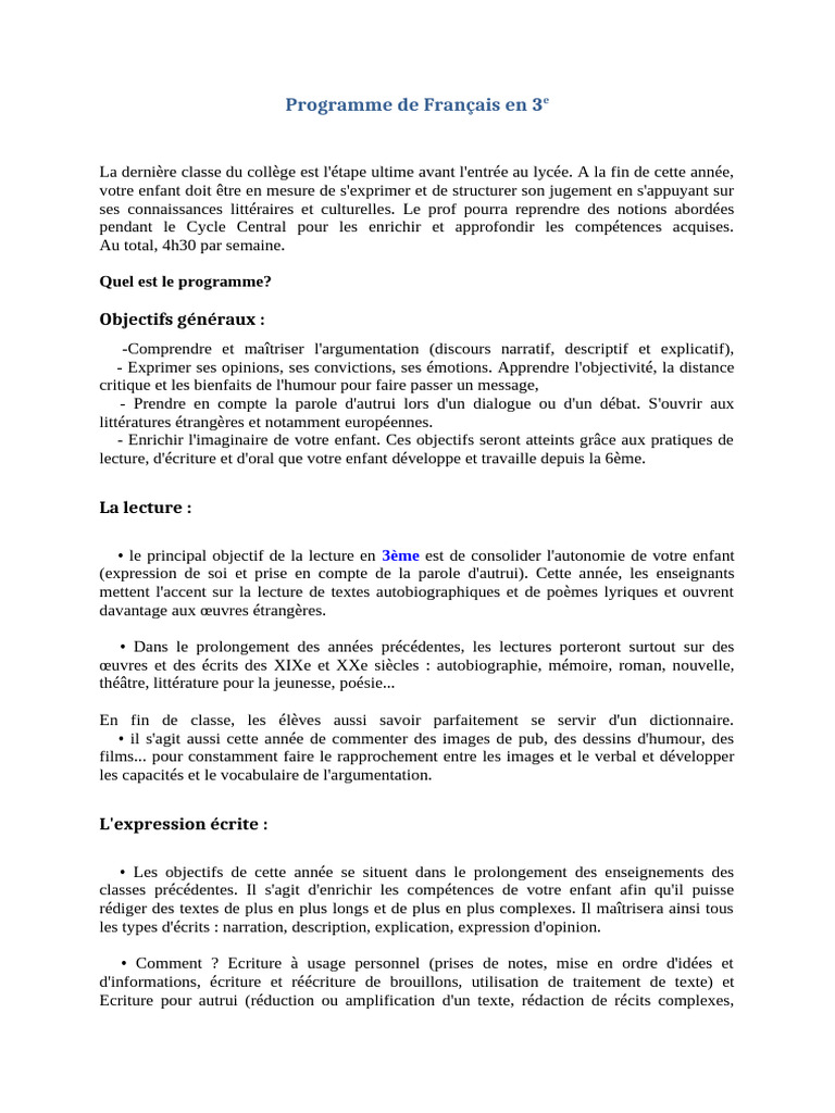 Programme de Français en 3e | PDF