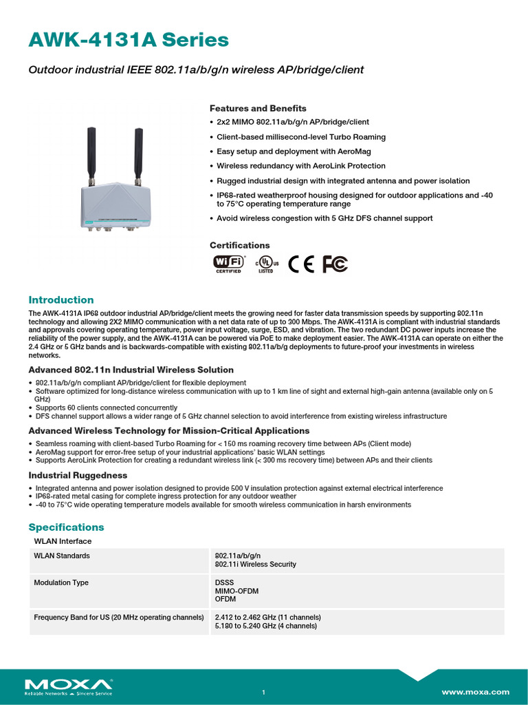 Moxa Awk 4131a Series Datasheet v1.0 | PDF