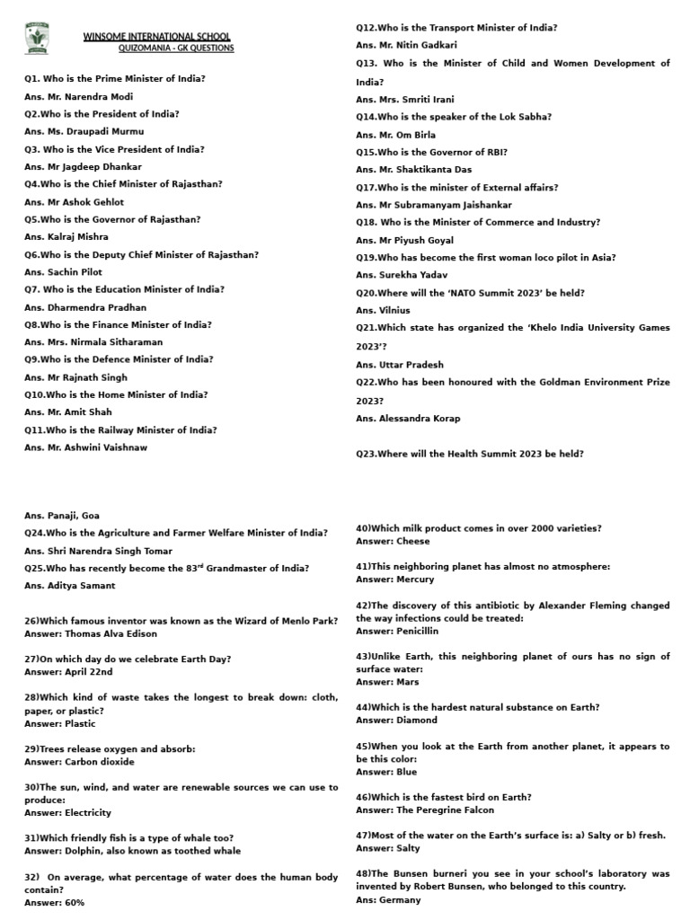 Class 6 GK Quiz New | PDF