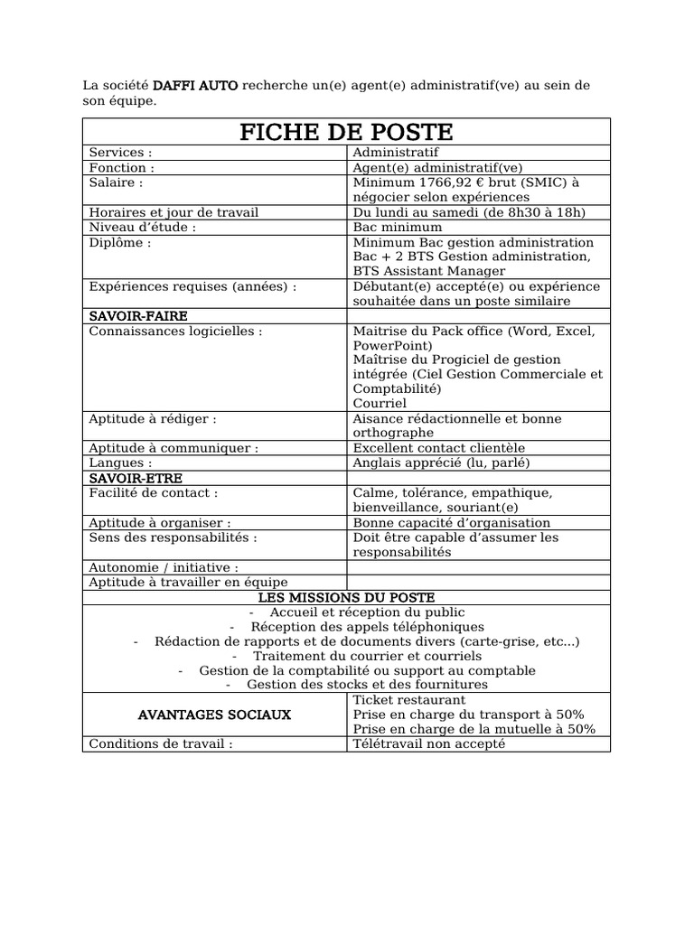 Fiche de Poste | PDF