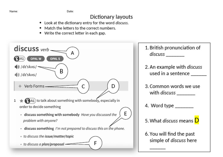 Dictionary Layouts Matching Exercise | PDF