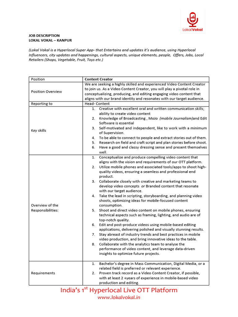 JD-Content Creator New | PDF | Communication | Video