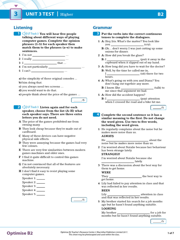 OPT B2 Unit Test 3 Higher | PDF