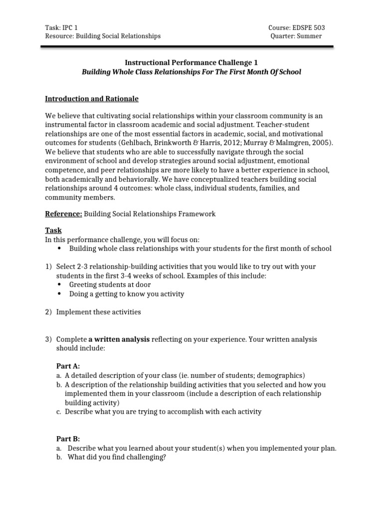 IPC 1 - Building Social Relationships For The First Month of School | PDF