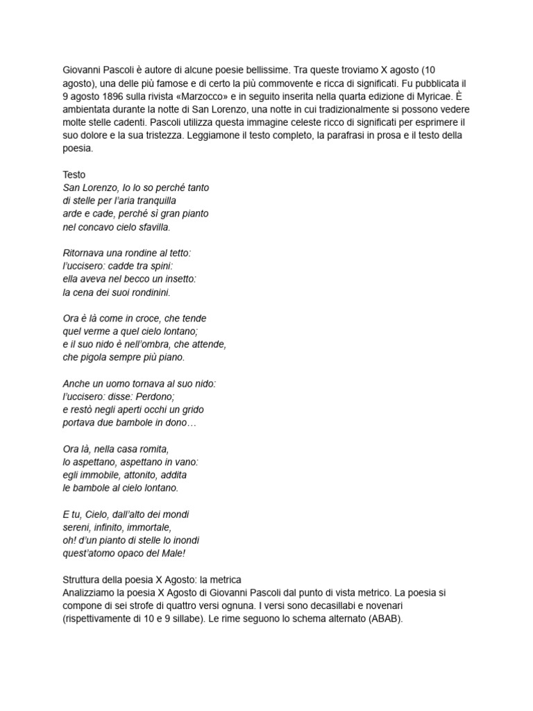 Poesia X Agosto Di Giovanni Pascoli, Analisi | PDF