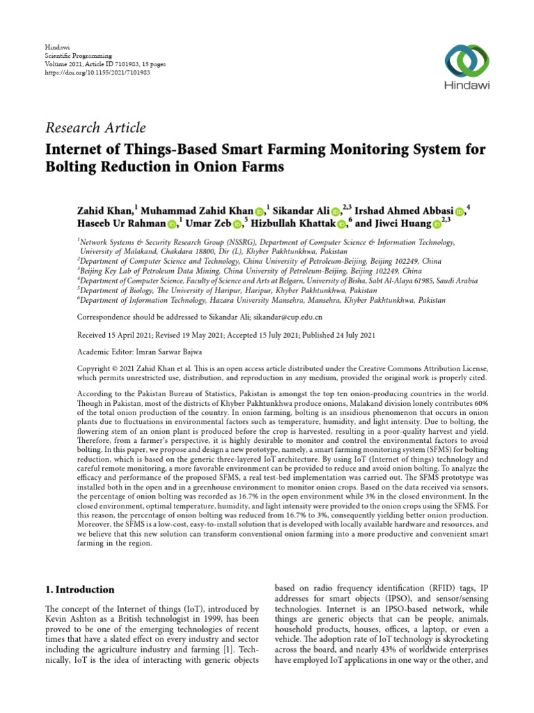 Scientific Programming - 2021 - Khan - Internet of Things‐Based Smart Farming Monitoring System ...