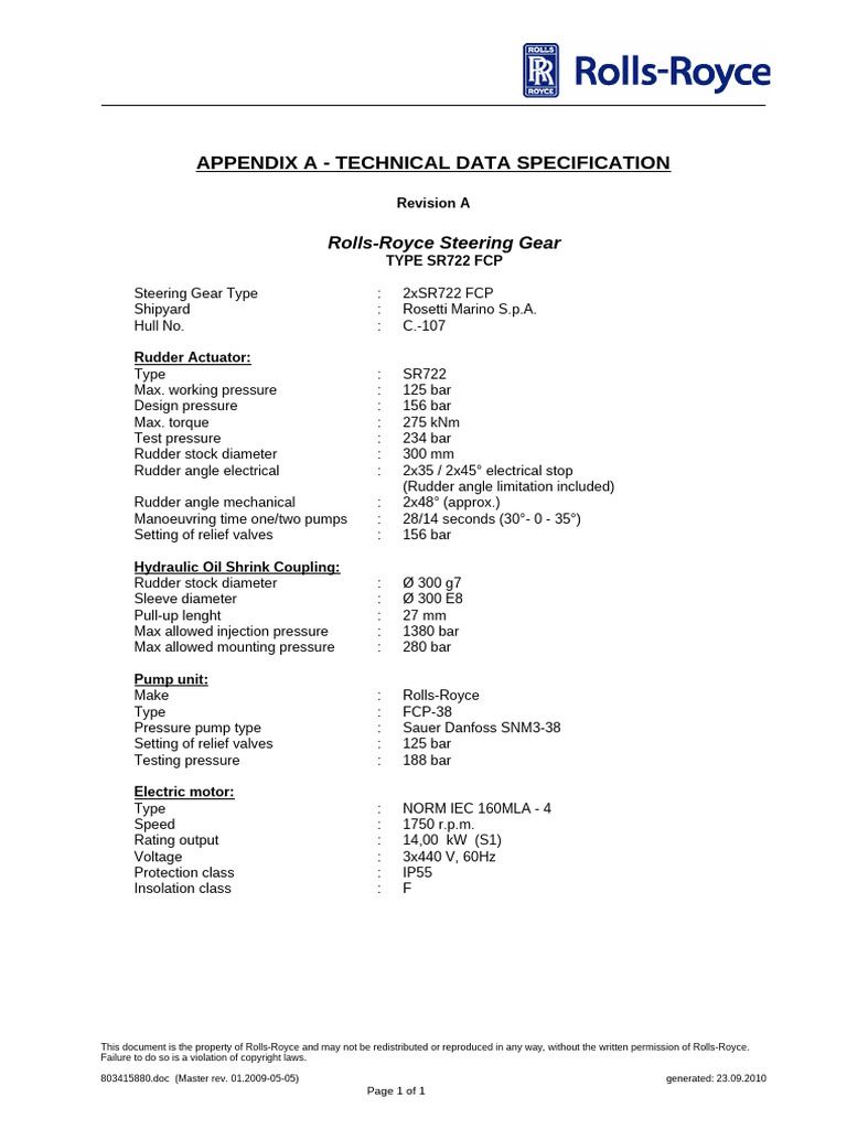 Appendix A - Technical Data Specification: Rolls-Royce Steering Gear | PDF