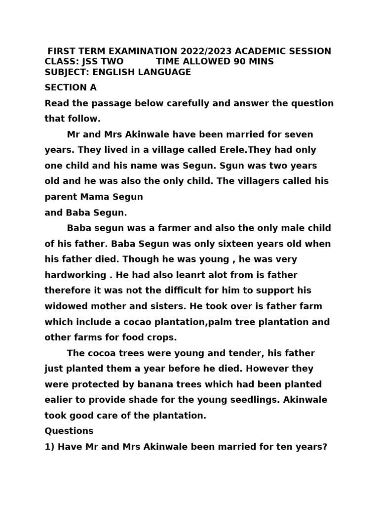 English Exam For Jss2 | PDF