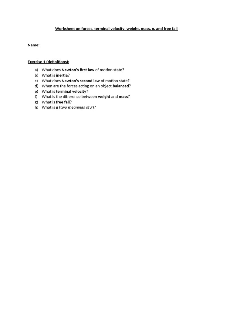 Worksheet On Forces, Terminal Velocity, Weight, Mass, G, and Free Fall ...