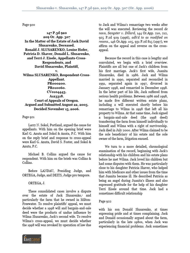 Slusarenko V Slusarenko 147 P3d 920 209 or App 307 or App 2006 | PDF ...