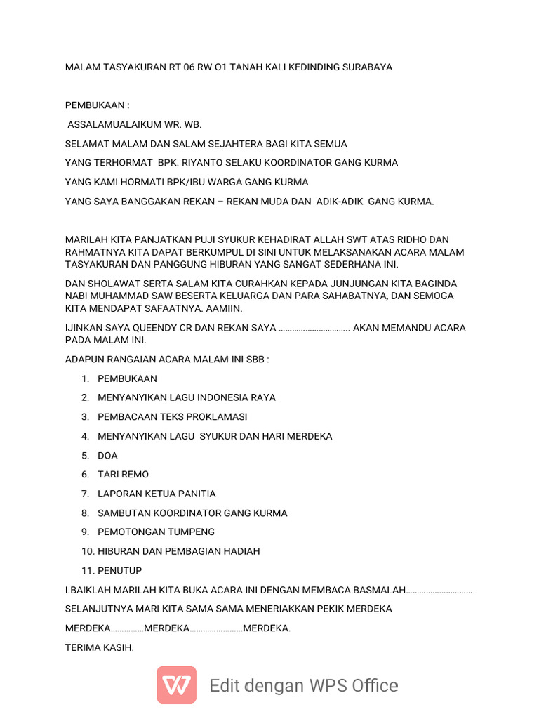 TEKS MC TASYAKURAN HUT RI KE 78 | PDF