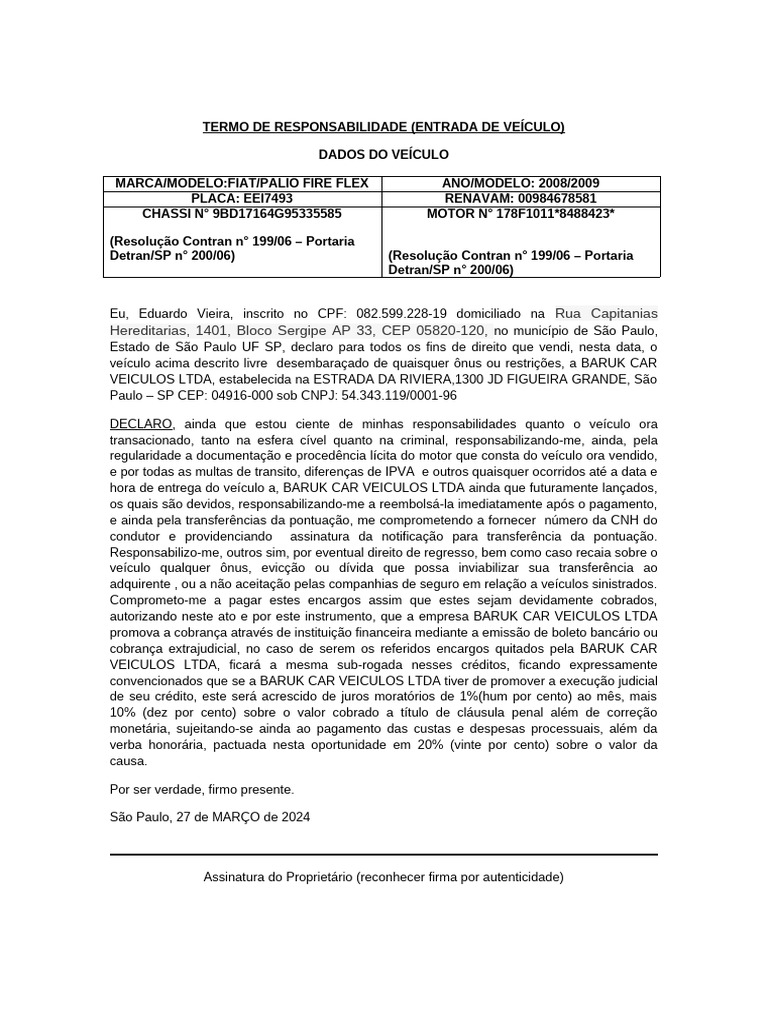 Termo de Responsabilidade Multa 27-03 | PDF