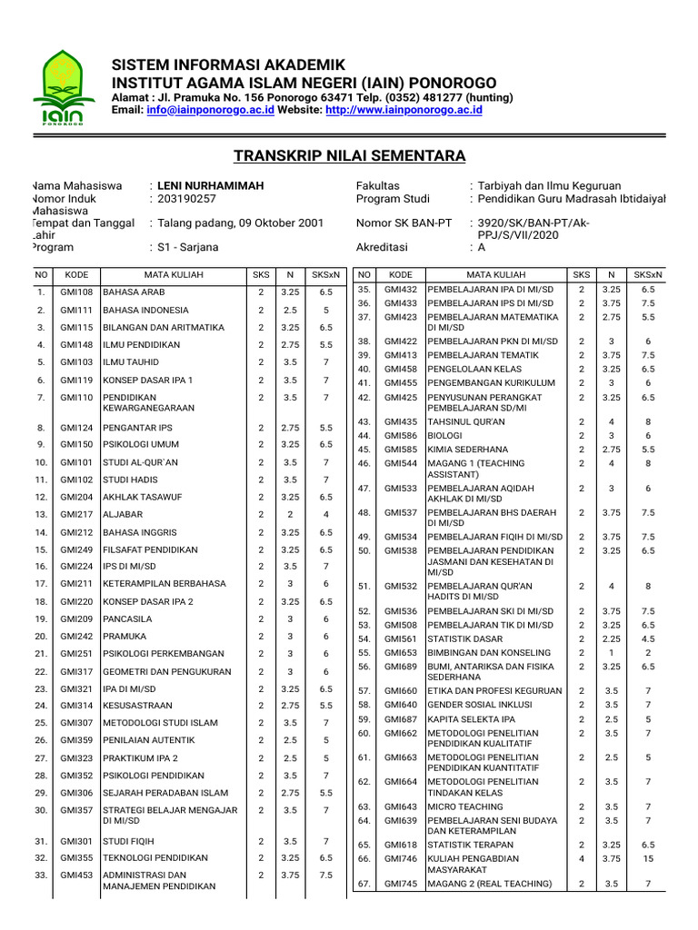 Transkrip Nilai Sementara Leni | PDF