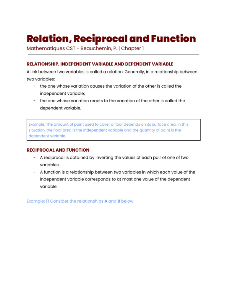 Relation, Reciprocal and Function | PDF