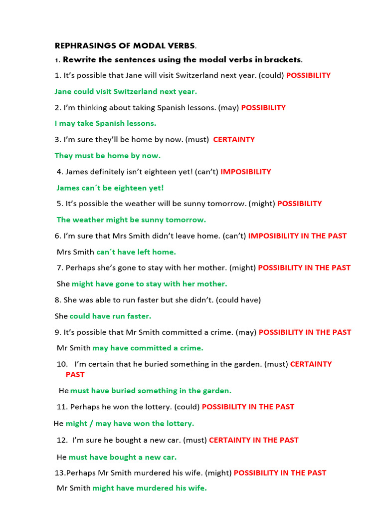 Rephrasing Modal Verbs 1 - KEY | PDF | Linguistic Morphology | Grammar