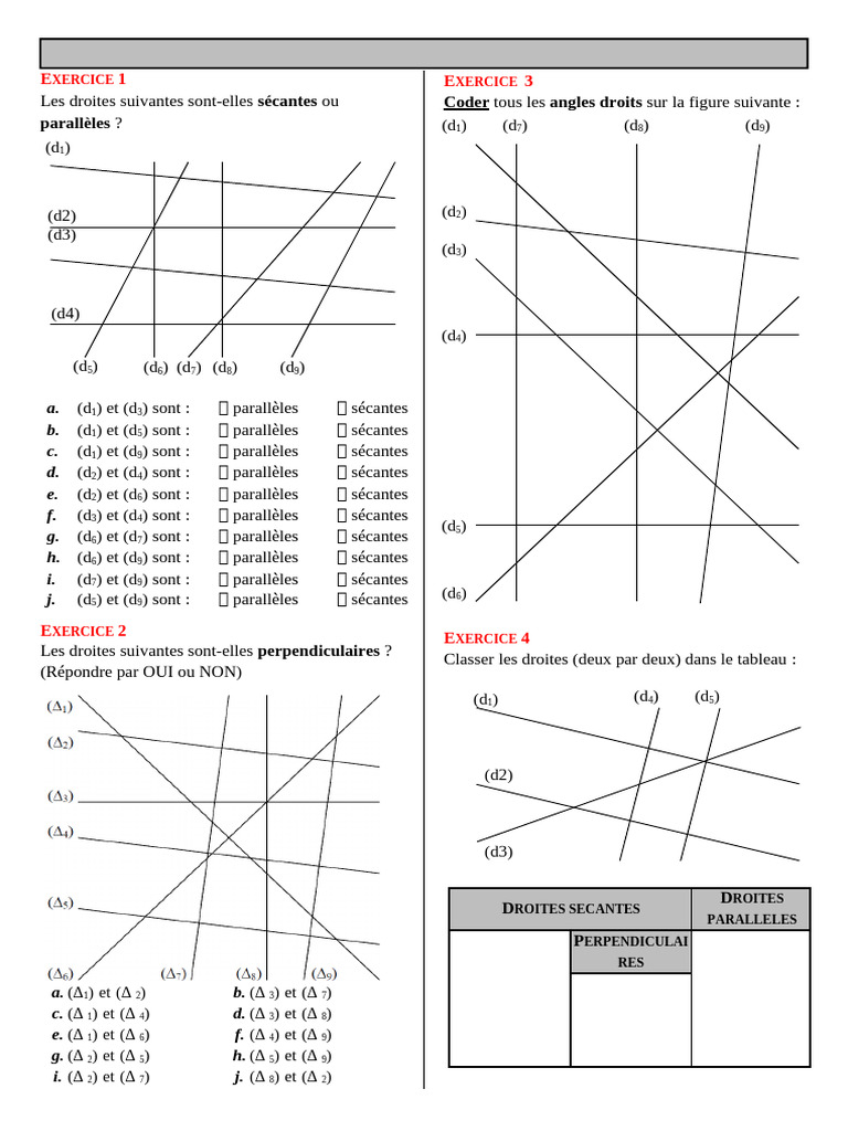 Chap 2 - Ex 2A - Droites Parallèles, Sécantes, Perpendiculaires ...