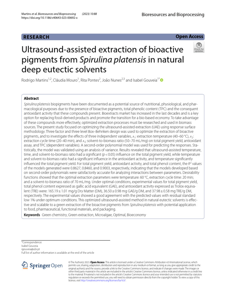 Ultrasound-Assisted Extraction of Bioactive Pigments From in Natural Deep Eutectic Solvents | PDF