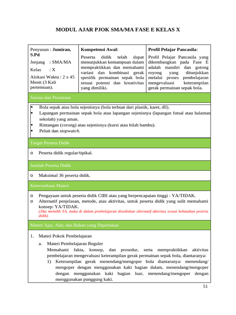 02 Modul Ajar PJOK Permainan Sepak Bola Kelas X Sma Fase E | PDF