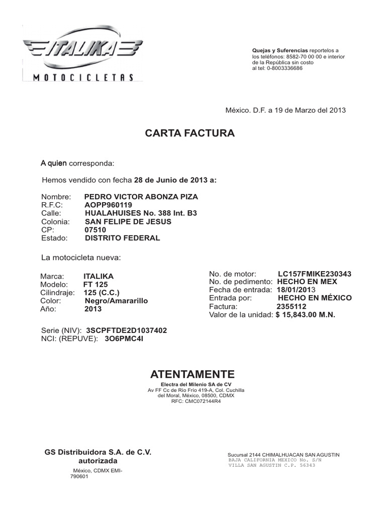 Carta Factura: Atentamente | PDF