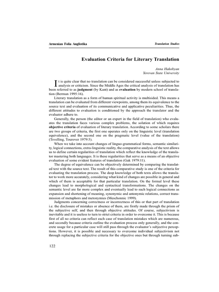 Evaluation Criteria For Literary Translation | PDF