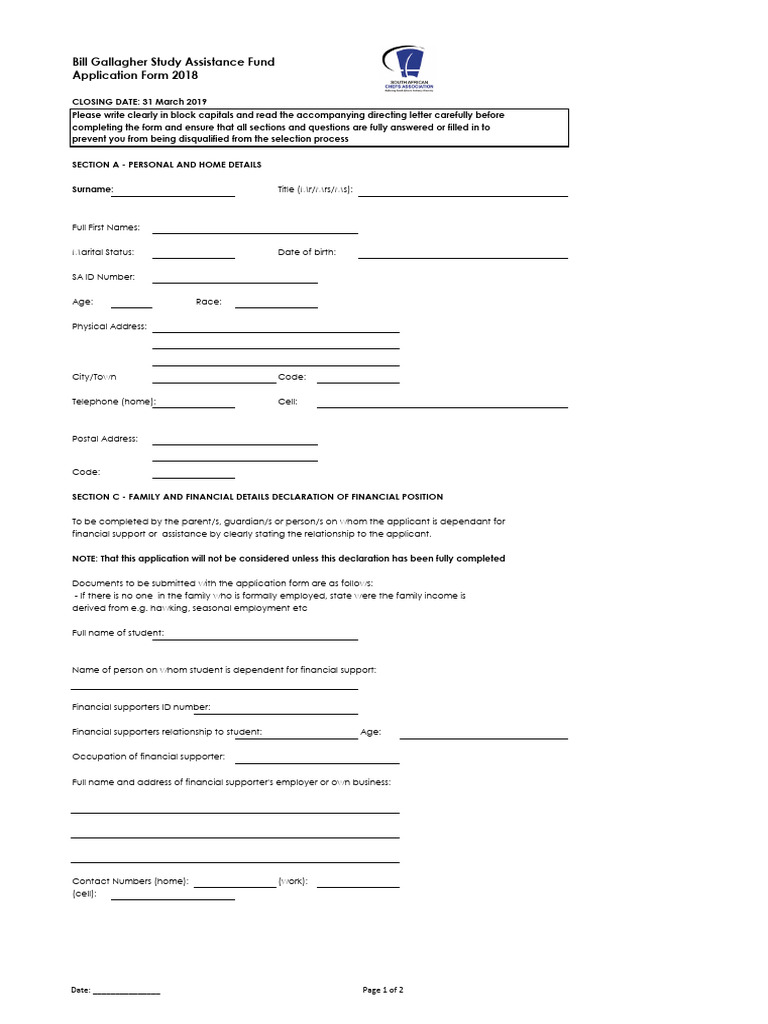Bill Gallagher Study Assistance Bursary Fund Application Form | PDF