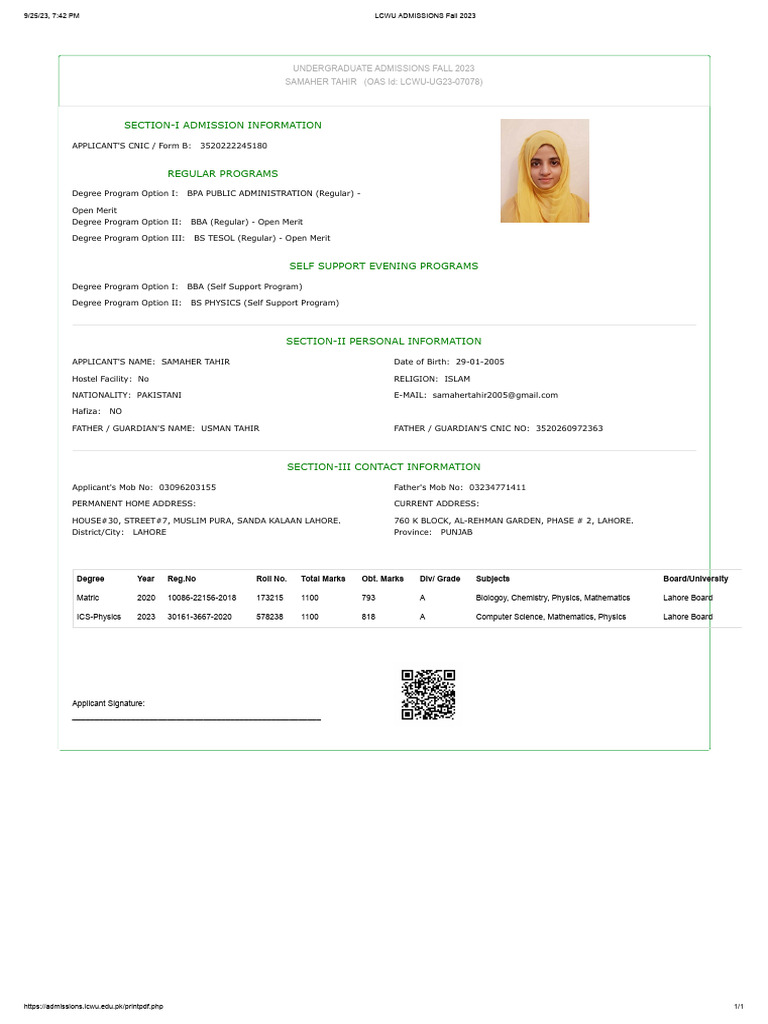 Lcwu Admissions Fall 2023 - Application | PDF