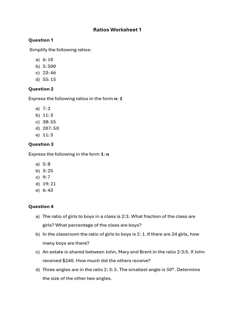 Ratios Worksheet 1 | PDF
