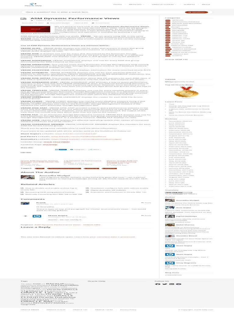 ASM Dynamic Performance Views - ORACLE-HELP | PDF