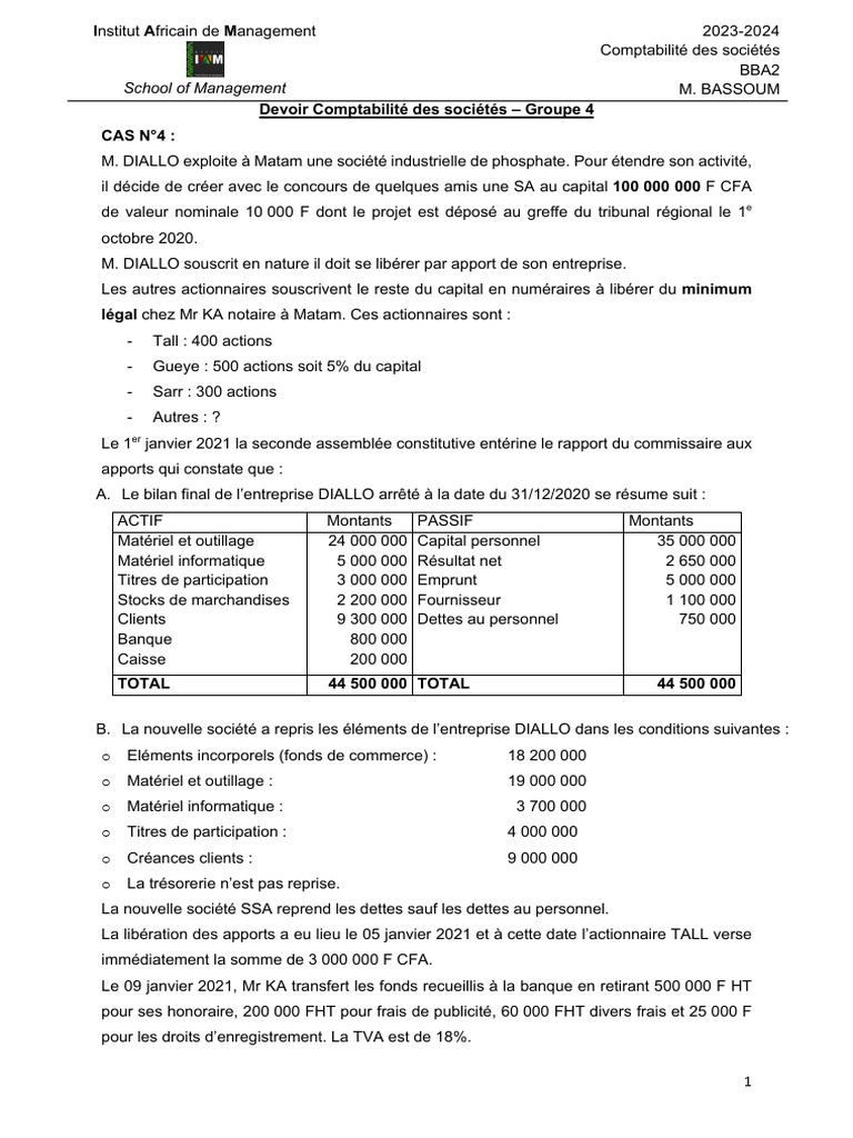 Devoir Compta Sociétés - Cas N°4 - IAM - 2023-2024 | PDF