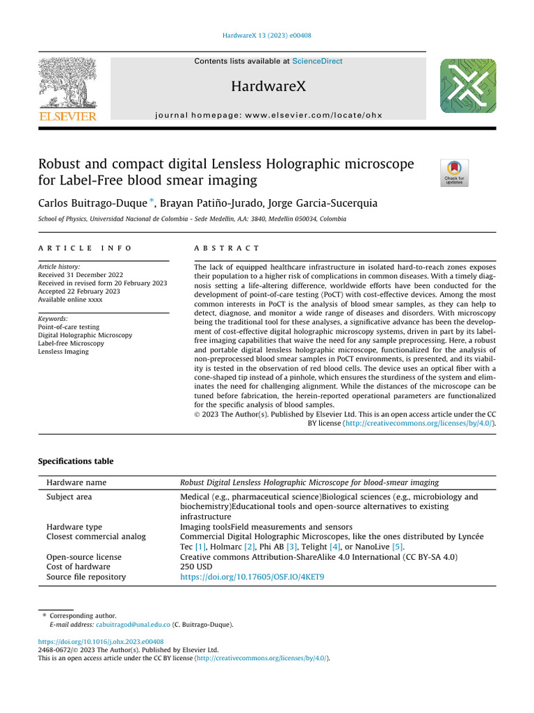 2023 - Robust and Compact Digital Lensless Holographic Microscope For ...