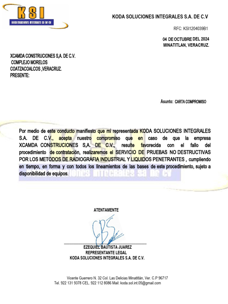 Carta Compromiso Xcamda 04 de Octubre 2024 | PDF
