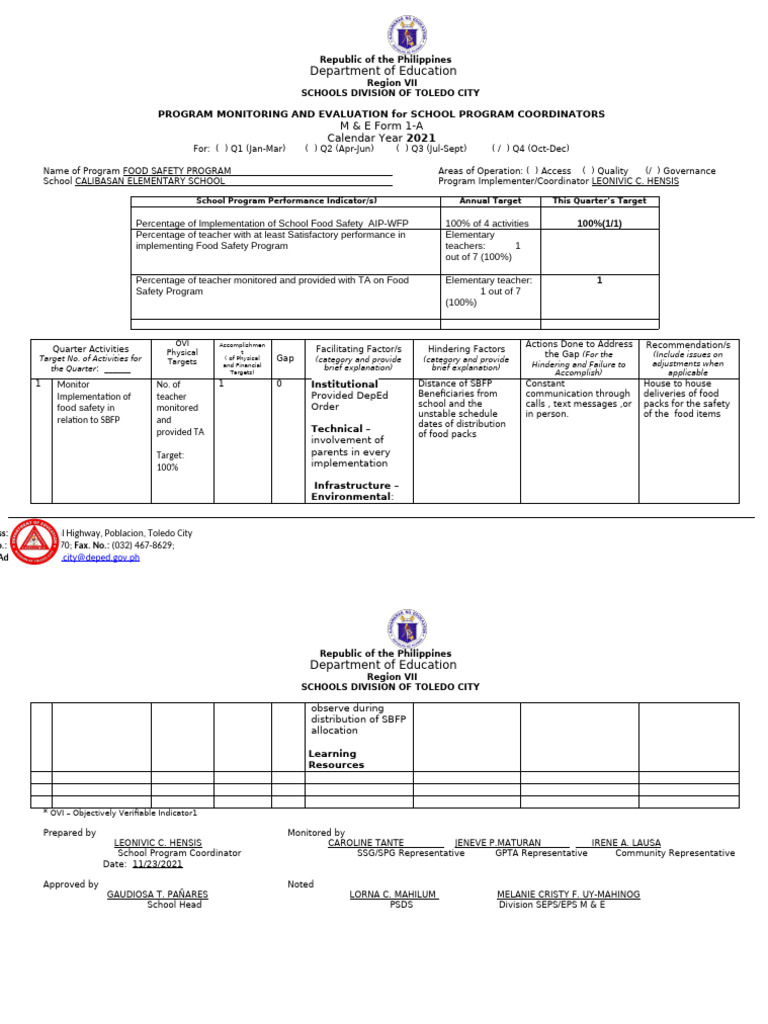 4th-CALIBASAN ES-FOOD AND SAFETY-M-E-Form-1-A-Rev-for-Schoolsv1 | PDF