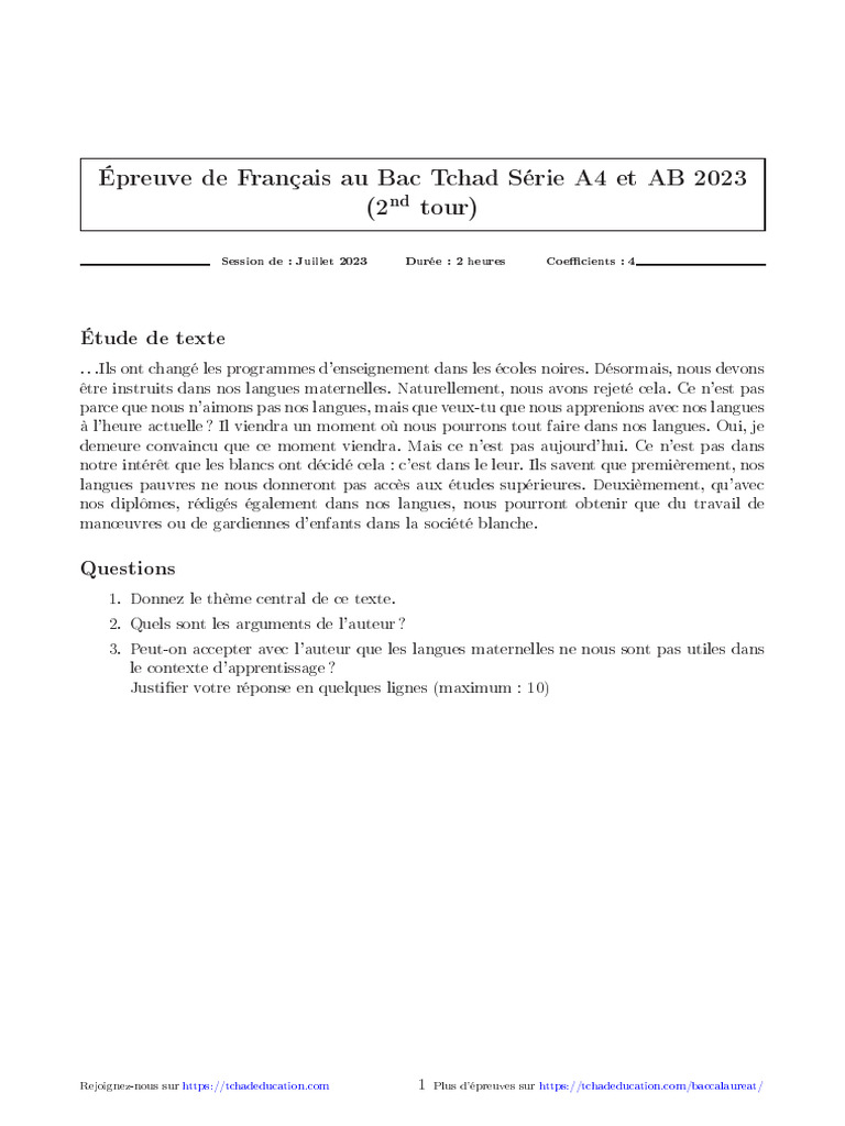 Sujet de Francais Bac A4 2023 2nd Tour | PDF