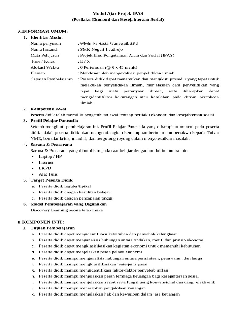 Modul Ajar IPAS Perilaku Ekonomi Dan Kesejahteraan Sosial - Wiwin | PDF