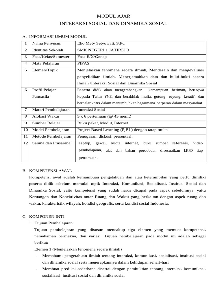 MODUL AJAR Interaksi Sosial Dan Dinamika Sosial | PDF