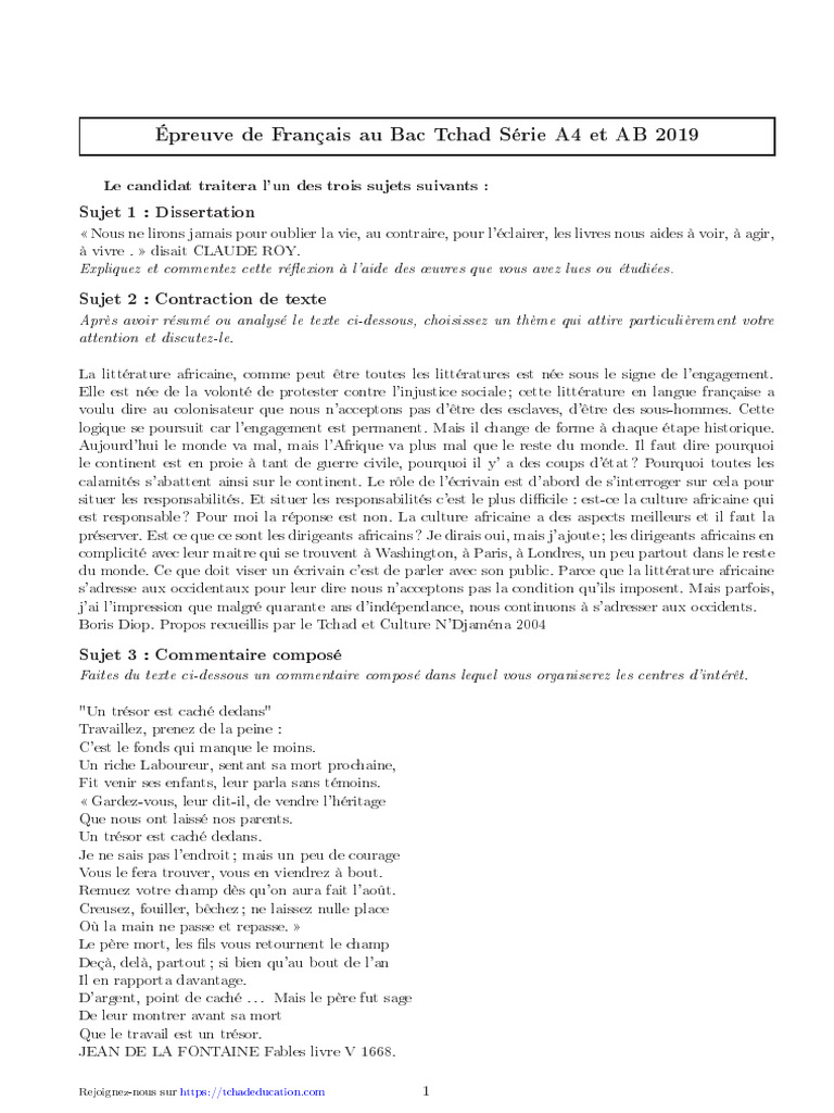 Sujet de Francais Bac A4 Et AB 2019 | PDF