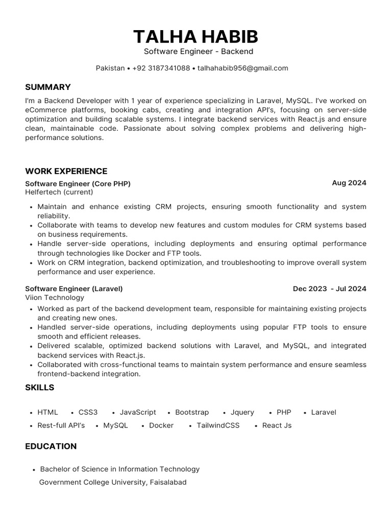 Talha Habib - Backend Software Engineer (PHP, Laravel) | PDF