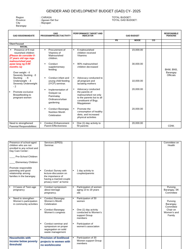 Sample GAD Plan and Budget 2025 | PDF