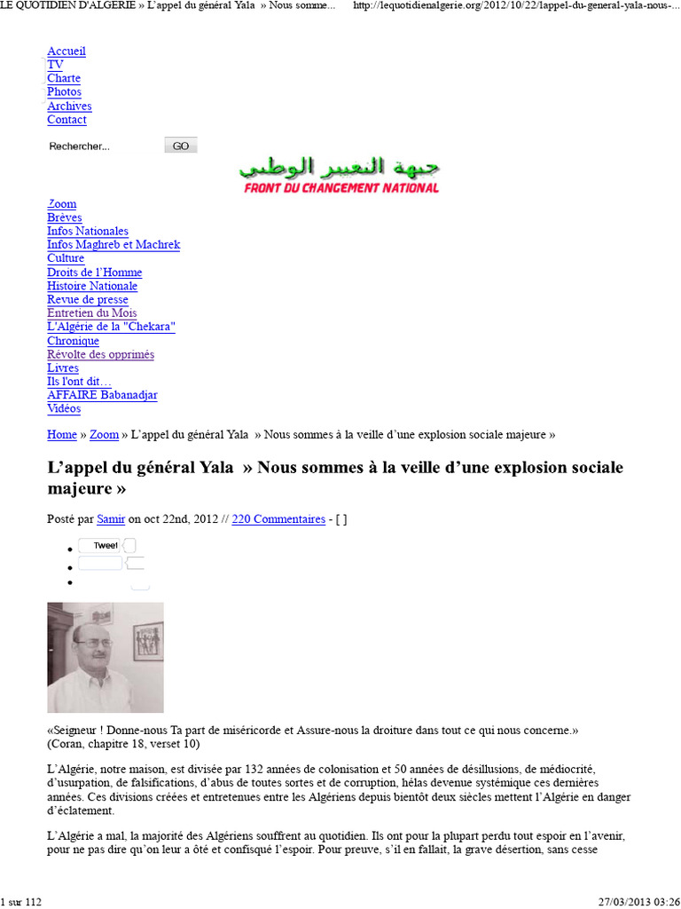 LE QUOTIDIEN D'ALGERIE L'appel Du Général Yala Nous Sommes À La Veille ... LE QUOTIDIEN D'ALGERIE L'appel Du Général Yala Nous Sommes À La Veille ...