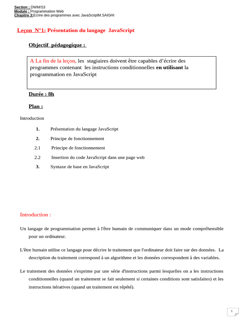 Leçon N°1 Présentation Du Langage JavaScript | PDF