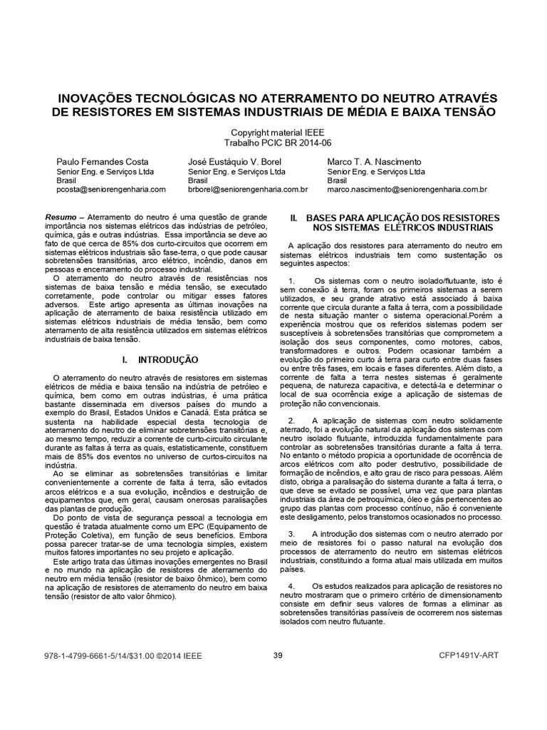 Inovaes Tecnolgicas No Aterramento Do Neutro Atravs de Resistores em ...