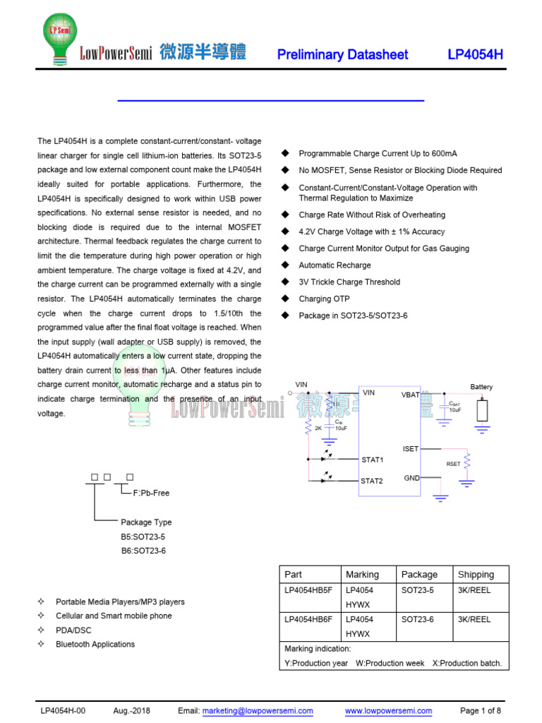 Data Sheet LP4054H Standalone Linear Li-Ion Battery Charger | PDF