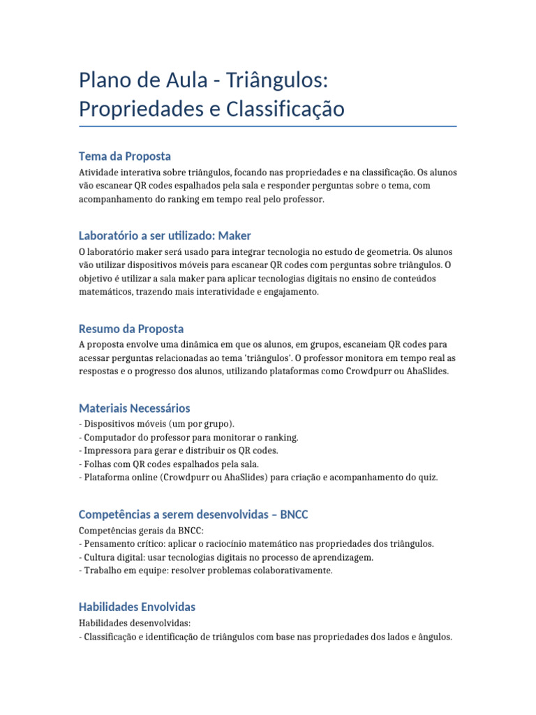 Plano de Aula Triangulos QR Codes | PDF | Geometría euclidiana | Geometría del plano euclidiano