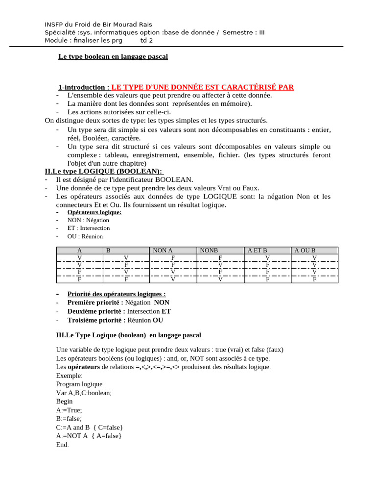 Les Types de Bases Boolean | PDF