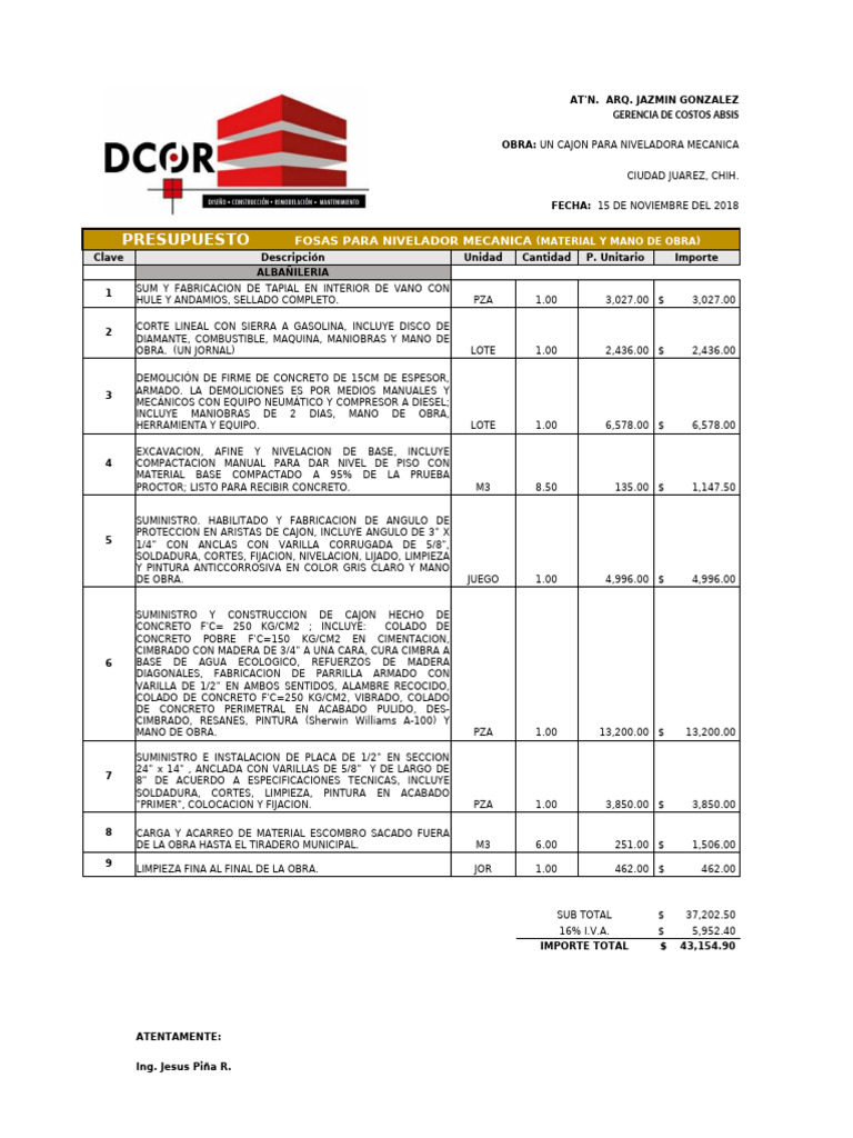 Presupuesto de Un Cajon para Niveladores Planta Elamex | PDF