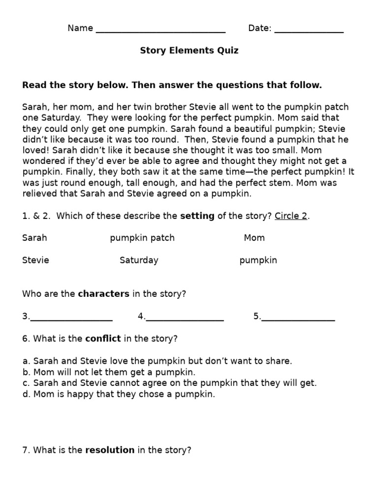 Story Elements Quiz | PDF