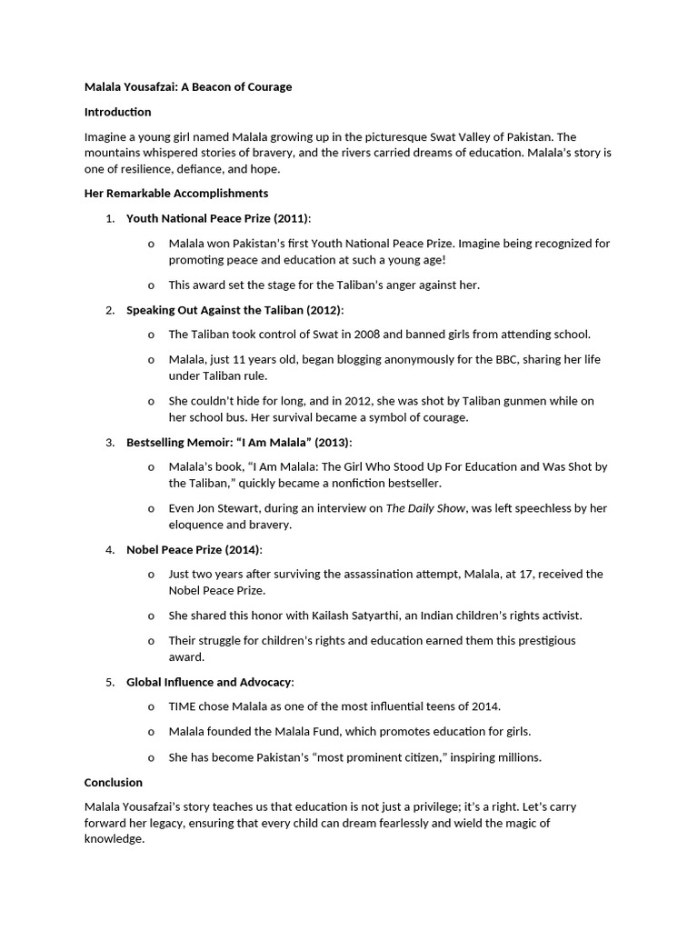 Malala Yousafzai: Courage and Advocacy | PDF