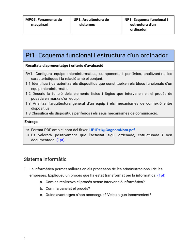 Pt1. Esquema Funcional I Estructura Dun Ordinador | PDF