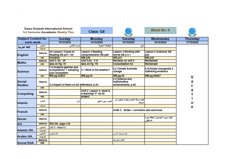 Weekly Plan Week 9 .XLSX - G8 | PDF