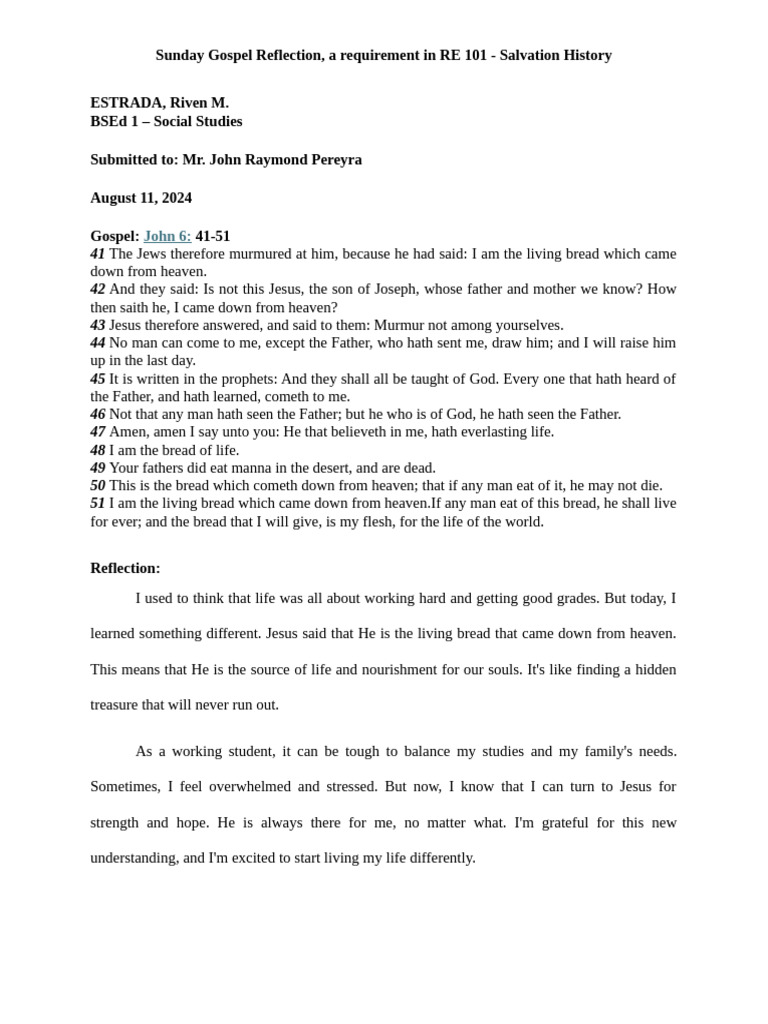 Sunday Gospel Reflection, A Requirement in RE 101 - Salvation History ...